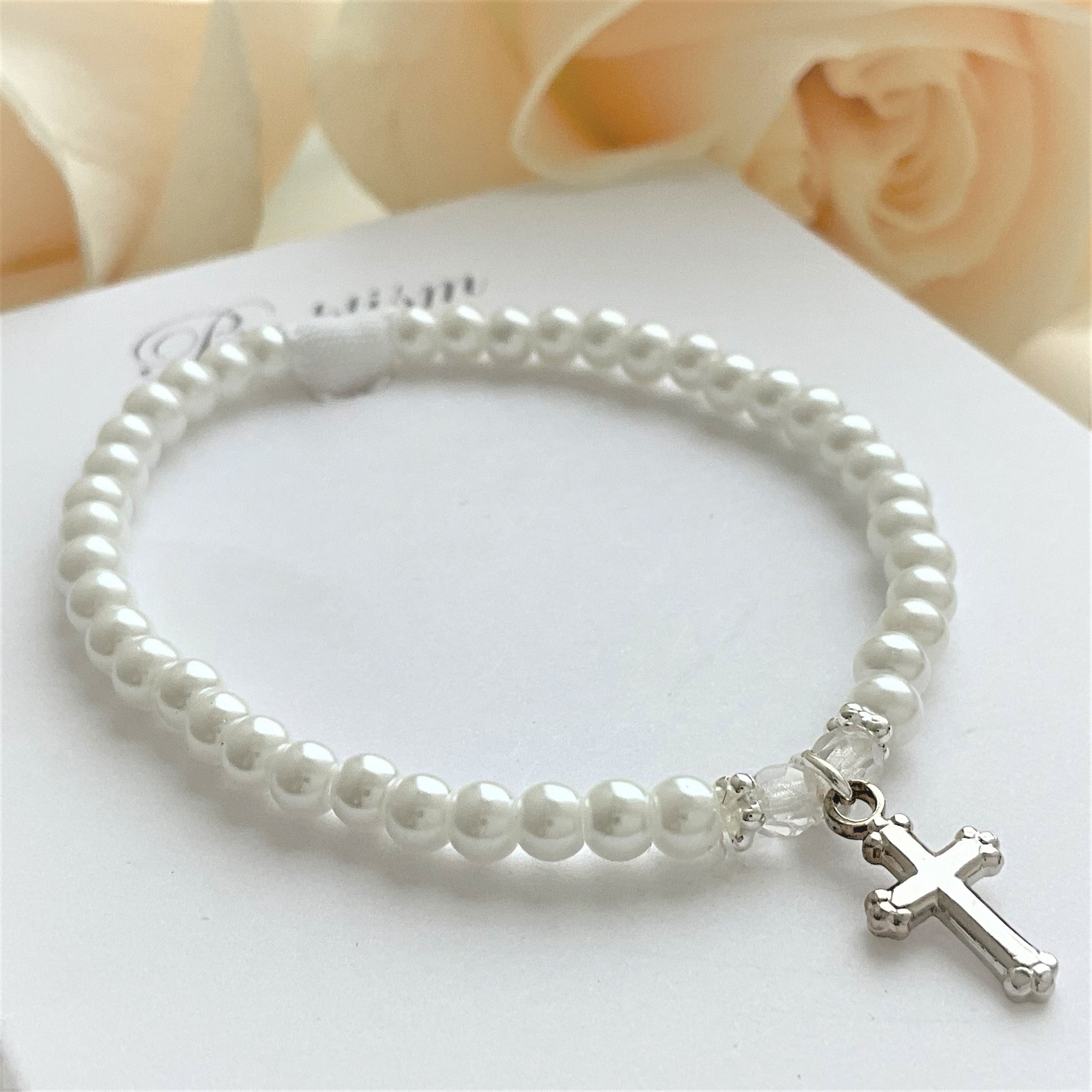 Crystal & Pearl Children's Baptism Bracelet with Cross Charm - Clothed ...